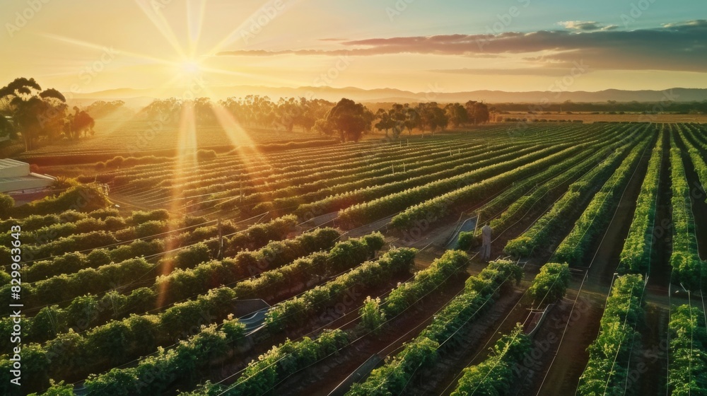 imagine a sustainable farm in the Australian countryside, with rows of ...