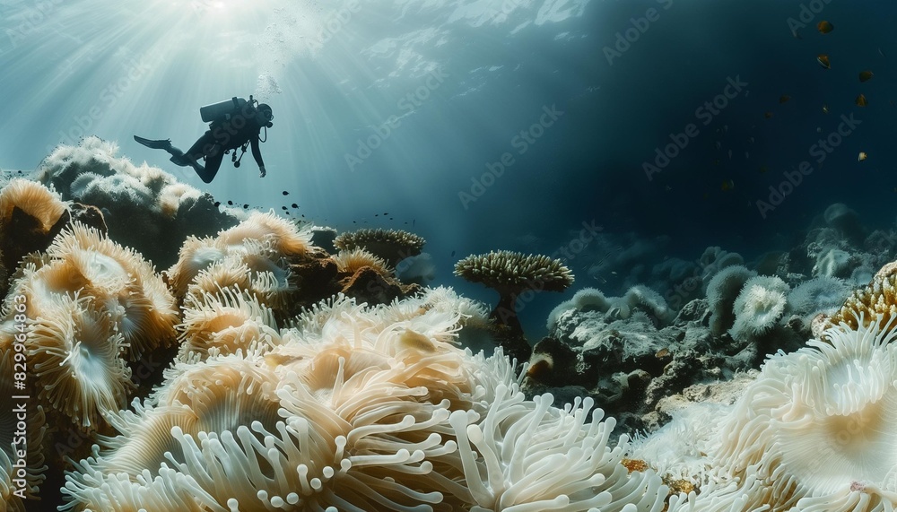 Scuba diving, looking under the sea Found bleached coral, white coral ...