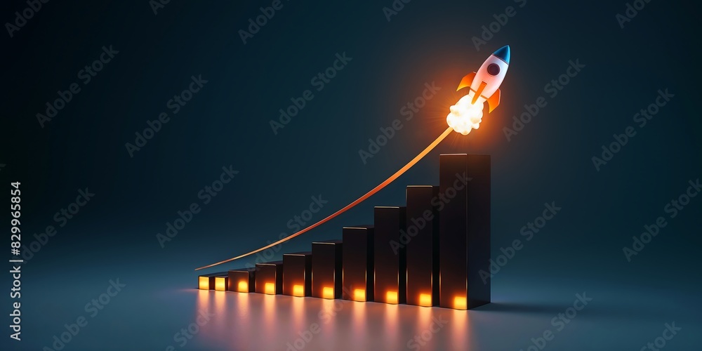 3D Rocket Rising to Success: Rocket Launch from a Black Bar Chart With ...