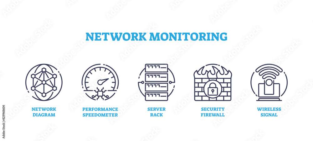 Network monitoring for server data speed and security outline icons concept, transparent ...
