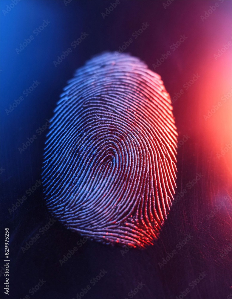 Fingerprint pattern with highly detailed ridges, a vibrant blue and red ...