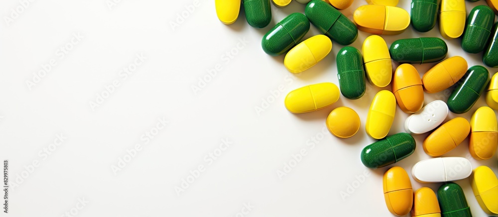 Close up image of green and yellow medication pills or capsules ...