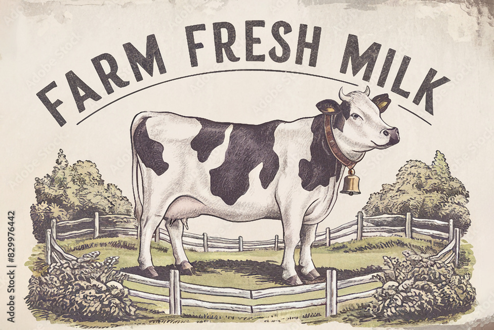 Farm fresh milk slogan with a retro watercolor style illustration of a ...