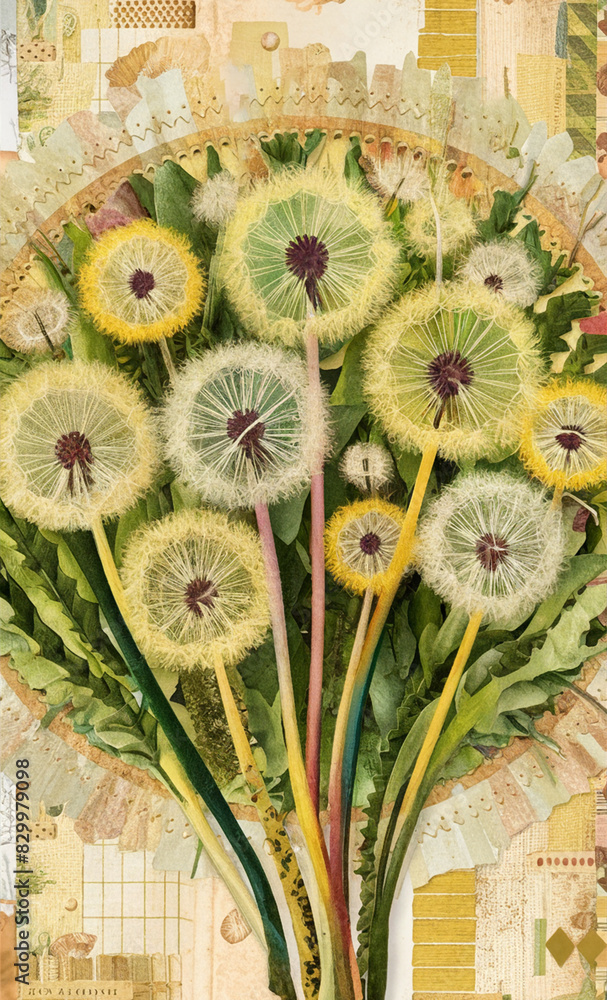 Shabby chic junk journal page with dandelion flowers. Watercolor styled ...