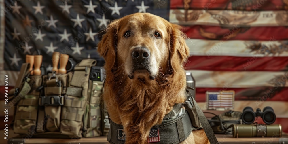 A noble Golden Retriever, wearing a tactical vest with an accurately ...
