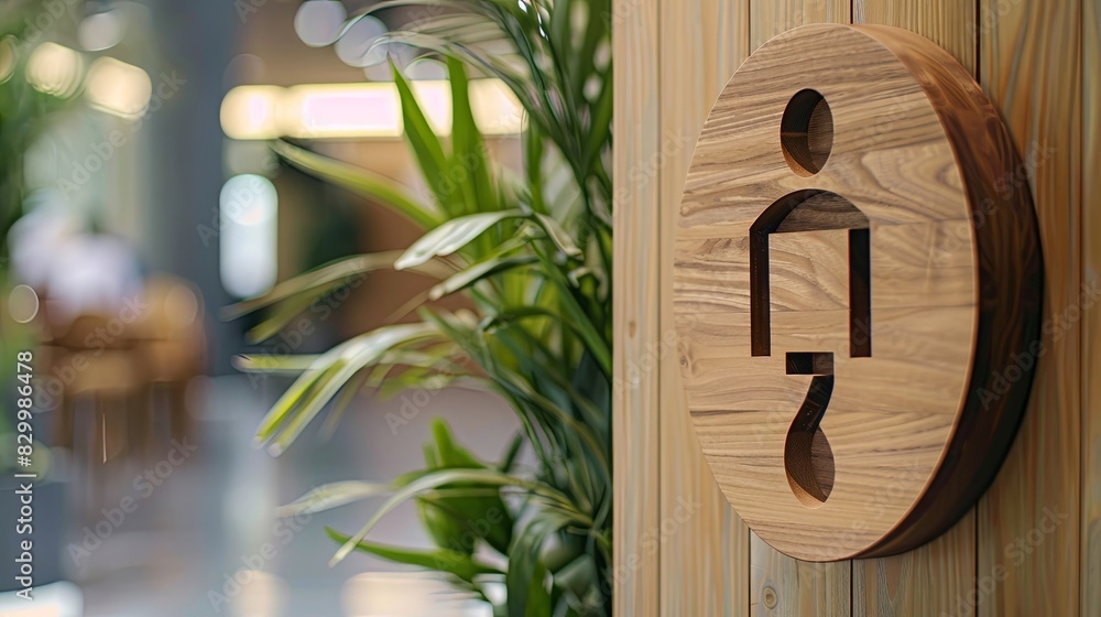Toilet, wc icon, round wooden white and brown sign on restroom door in ...