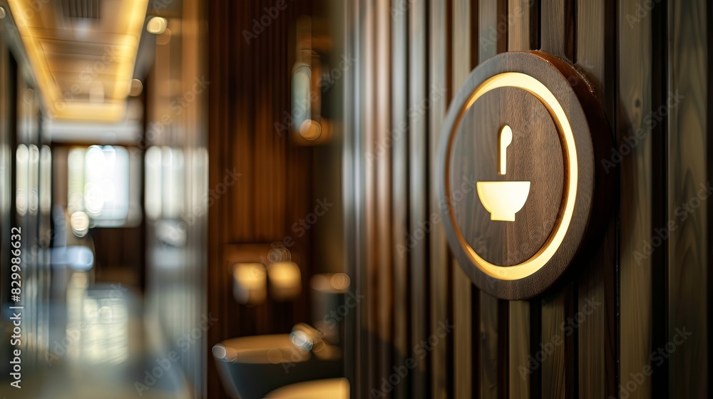 Toilet, wc icon, round wooden white and brown sign on restroom door in ...