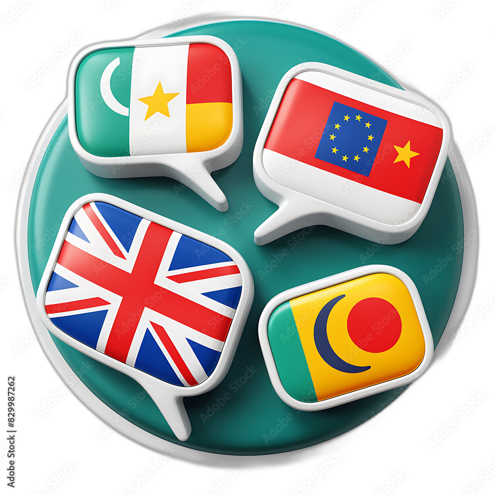 An icon for a language exchange app showcasing two speech bubbles with flags of different ...