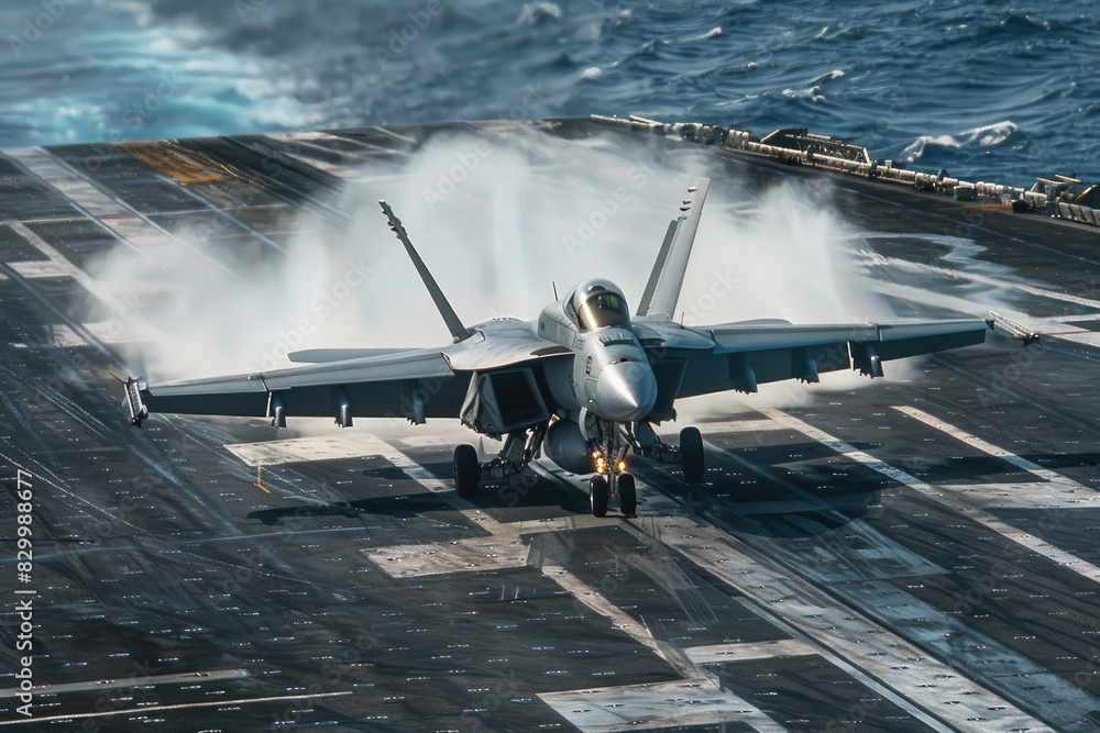 A fighter jet catapults from the deck of an aircraft carrier. Stock ...