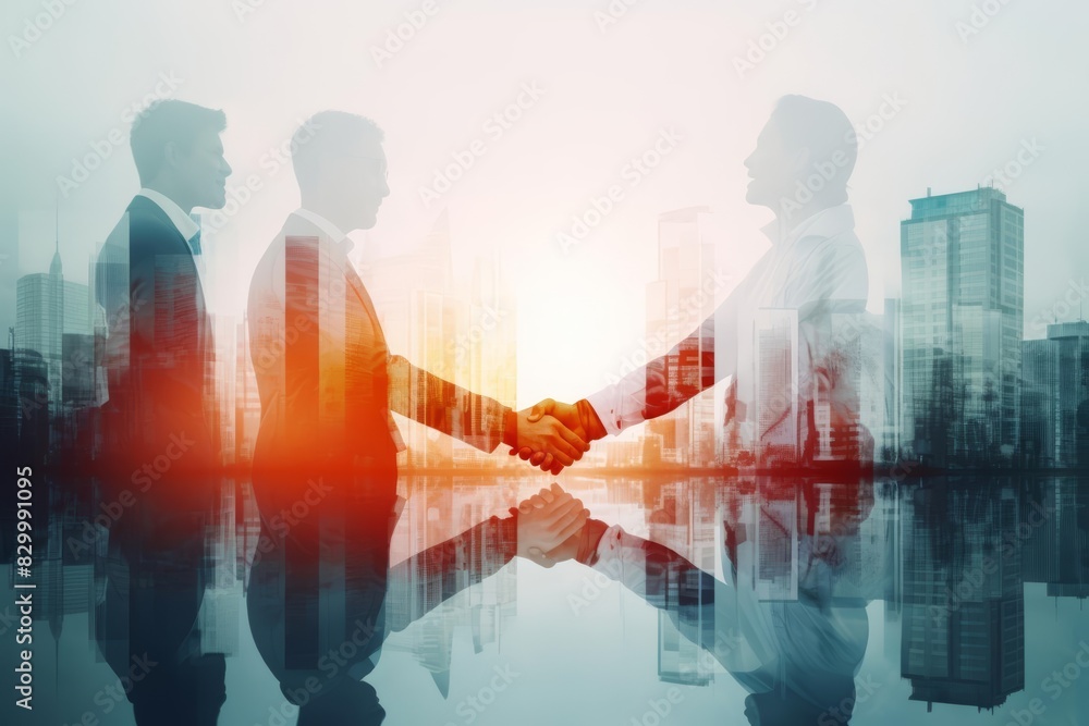 Professional agreement handshake, urban landscape, double exposure ...