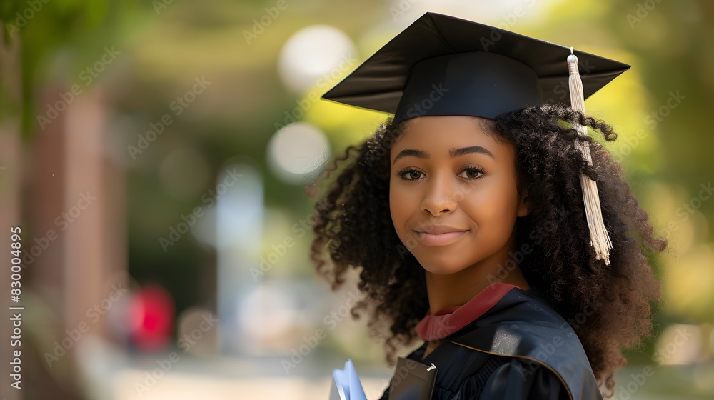 Beautiful young black woman in graduation cap and gown, smiling and ...