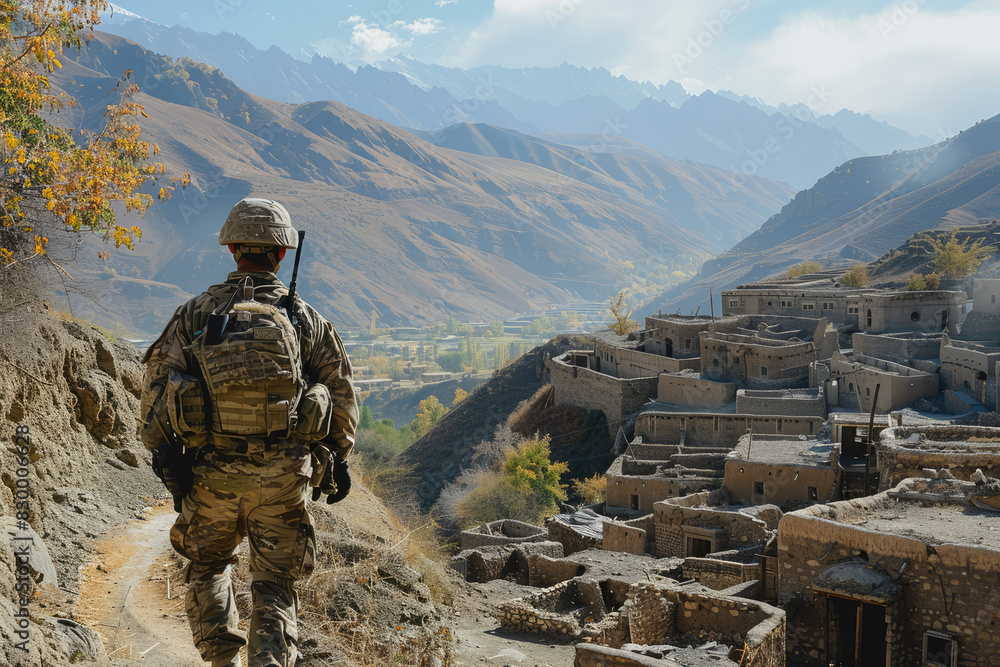 An Afghanistan War soldier patrolling a mountain village Stock Photo ...