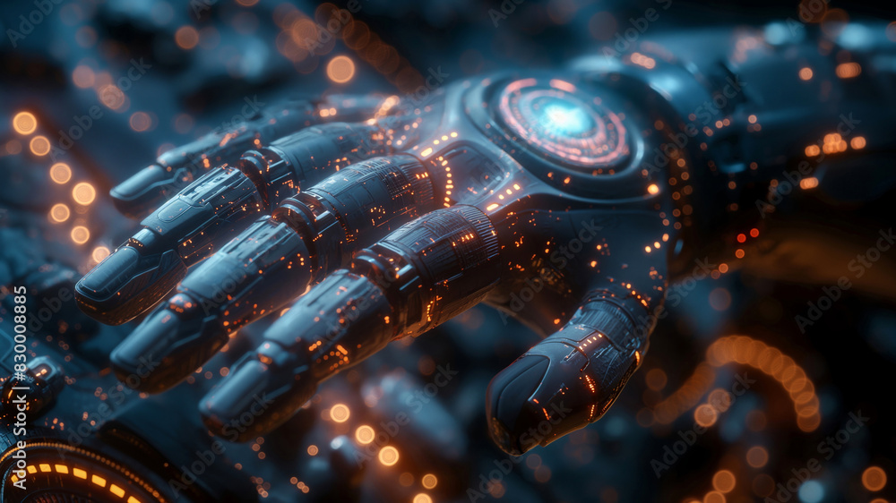 Futuristic Robotic Hand with Illuminated Circuitry in a Sci-Fi Setting ...