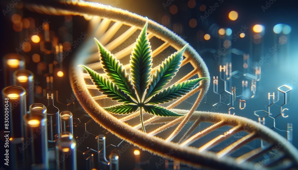 A digitally created marijuana leaf in front of a golden DNA strand ...