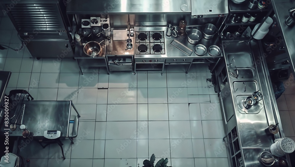 Overhead view of empty, spotless commercial kitchen with stainless ...
