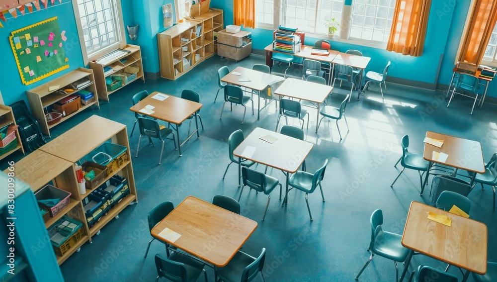 Overhead view of empty, spotless elementary school classroom with desks ...