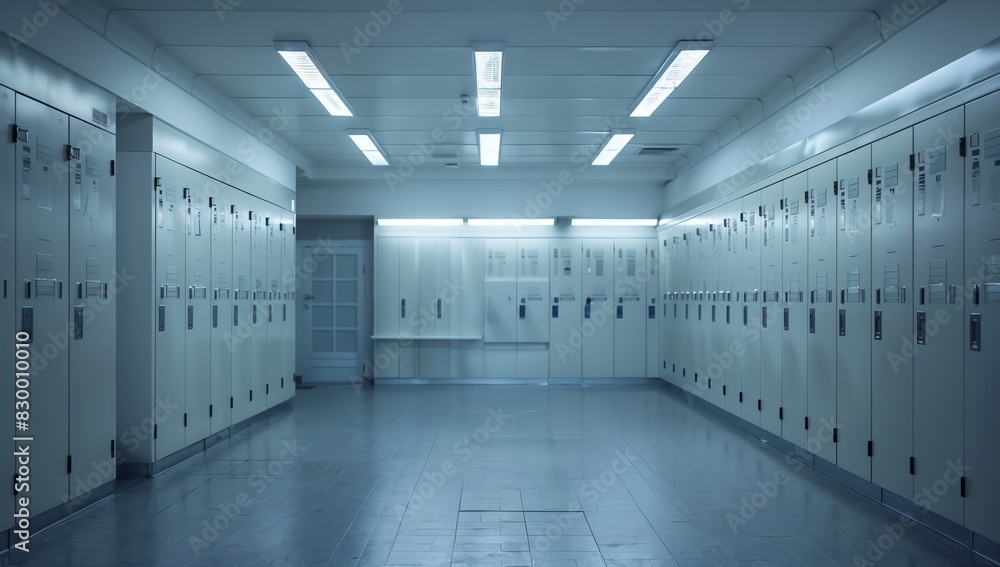 Side view of empty, pristine locker room with rows of lockers Stock ...