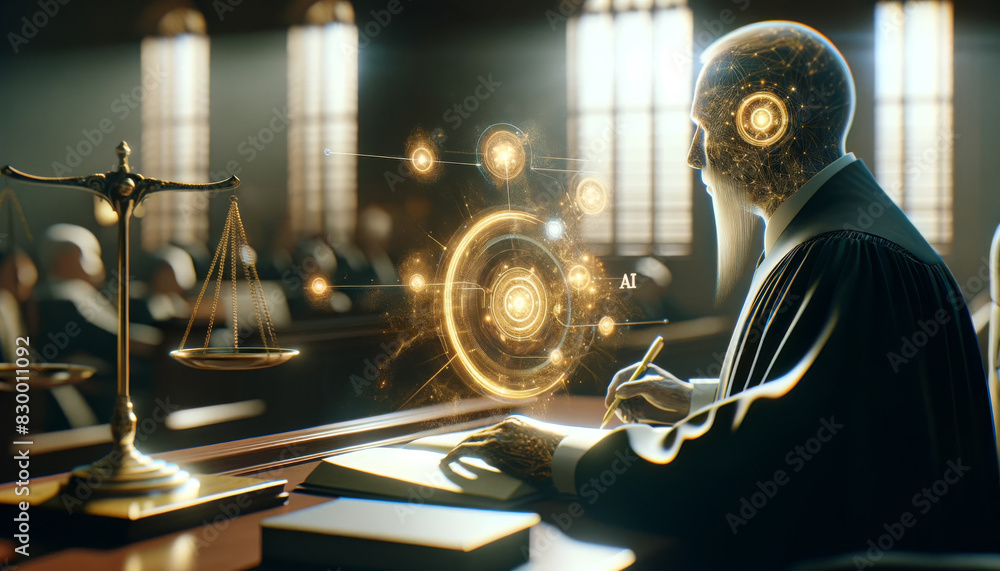 AI judge in futuristic courtroom using artificial intelligence for justice, with holographic ...