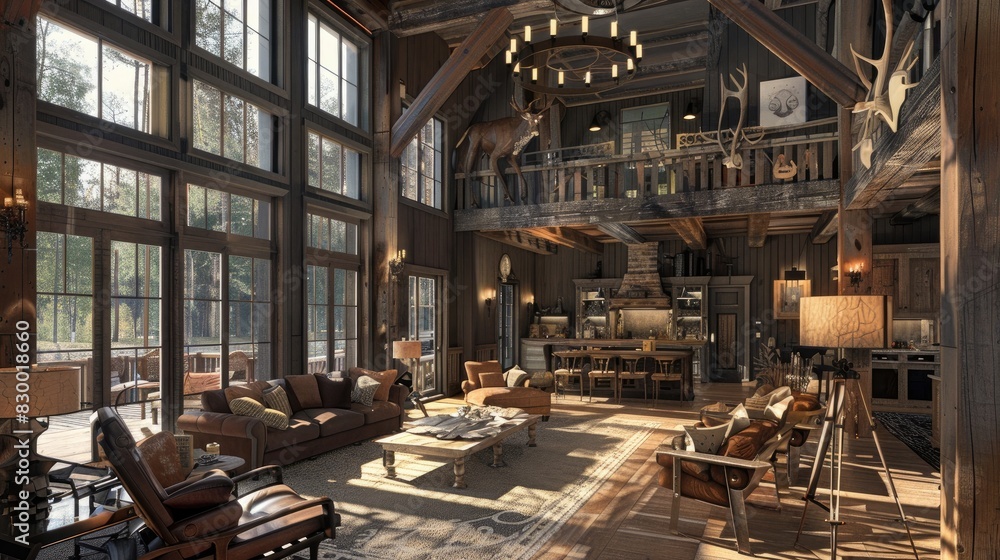 Rustic style hunting house with wooden furniture, furnishings, trophy ...