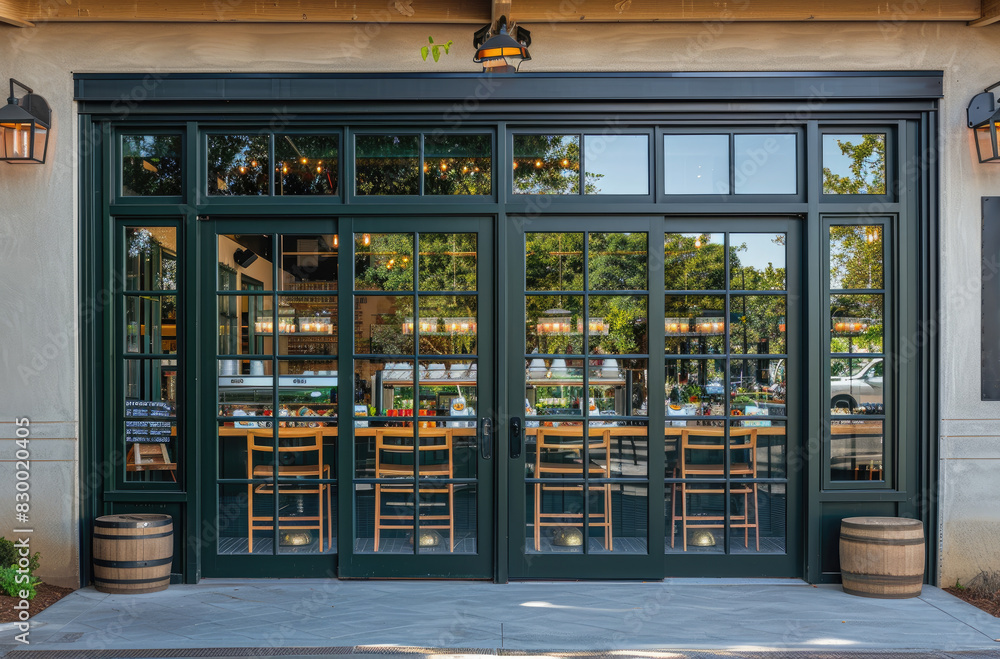 the front entrance door and window frames of an urban cafe, with black ...