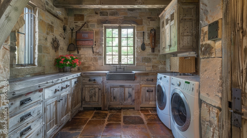 Rustic style laundry with wooden furniture, shelves and cabinets, but ...