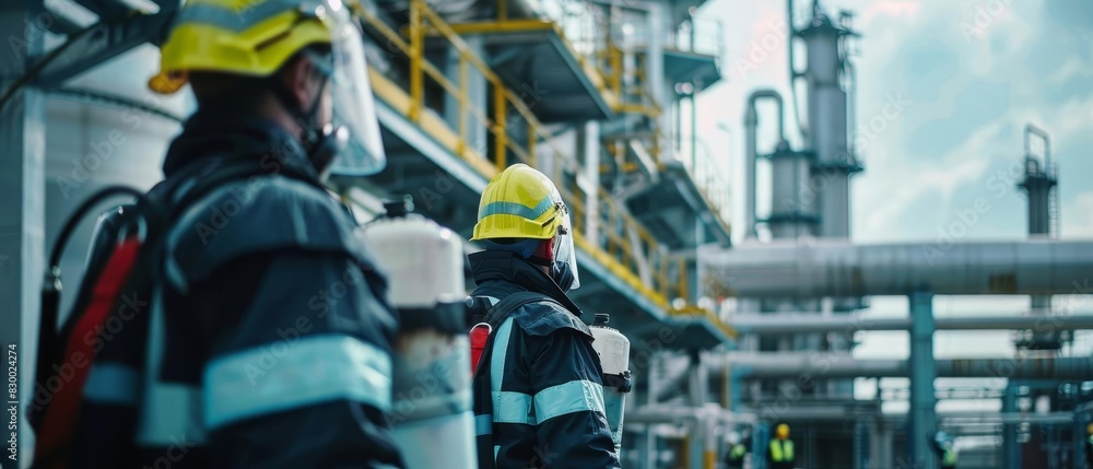 Emergency response team in a petrochemical plant, conducting a safety ...