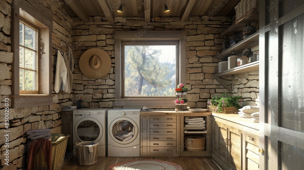 Rustic style laundry with wooden furniture, shelves and cabinets, but ...