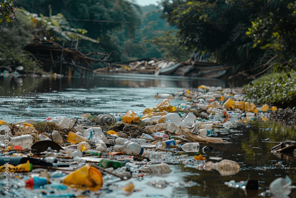 Polluted river with plastic waste and debris floating in the water ...