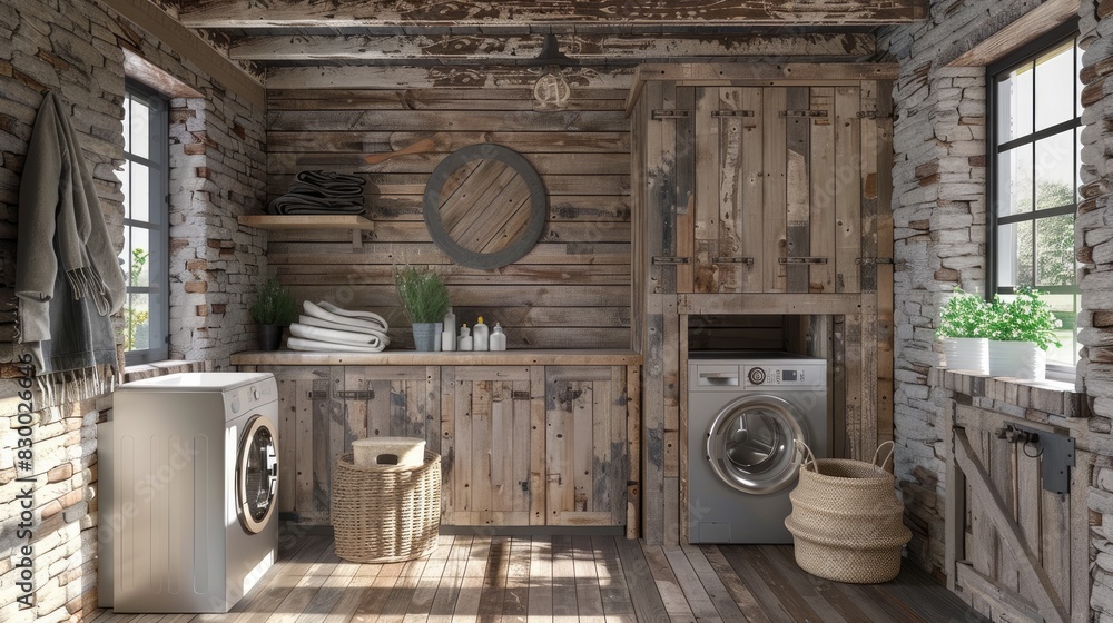 Rustic style laundry with wooden furniture, shelves and cabinets, but ...