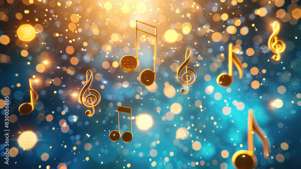 Glowing musical notes appear to float in mid-air against a vibrant blue ...