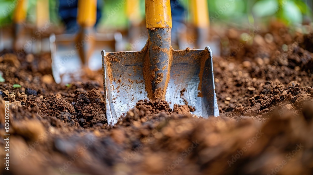 Row of metal spades digging in rich soil, signifying teamwork and ...
