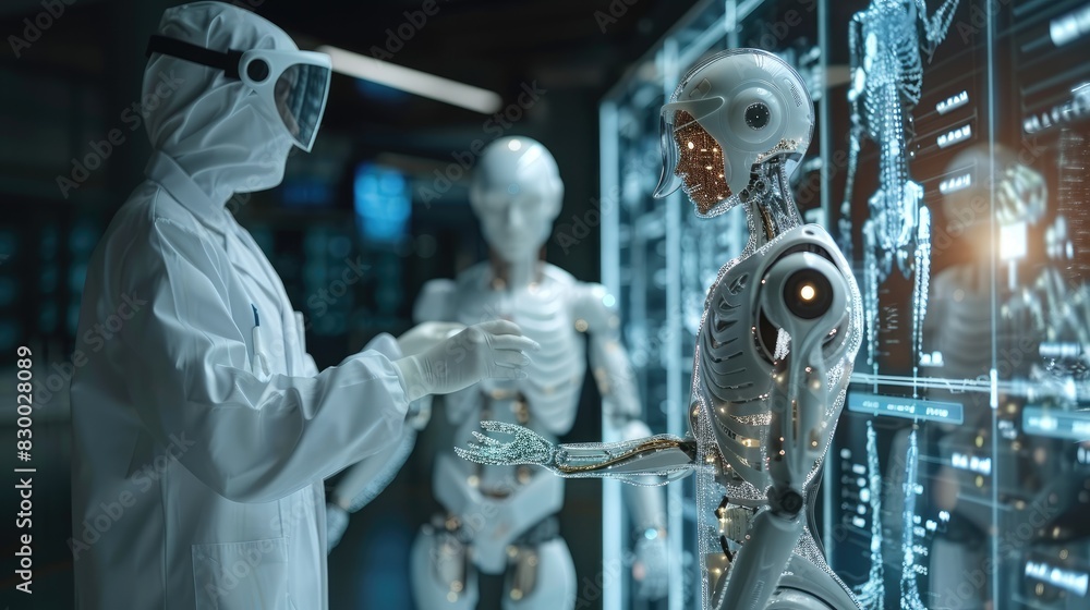 Scientist interacting with humanoid robots in futuristic lab ...