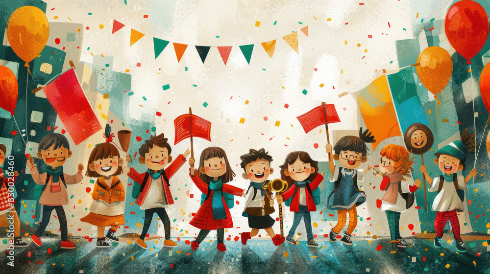 festive back-to-school parade, with happy kids marching through the ...