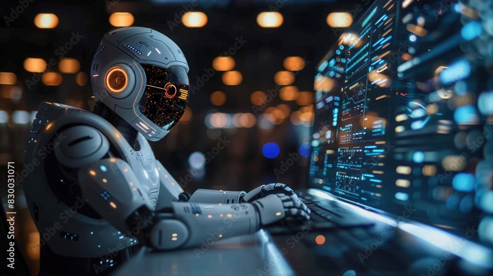 Futuristic robot working on a computer in a high-tech environment ...