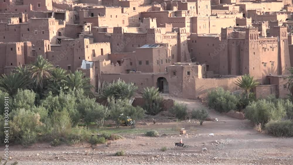 Moroccan rides a donkey by ancient fortified village Ait Ben Haddou in ...