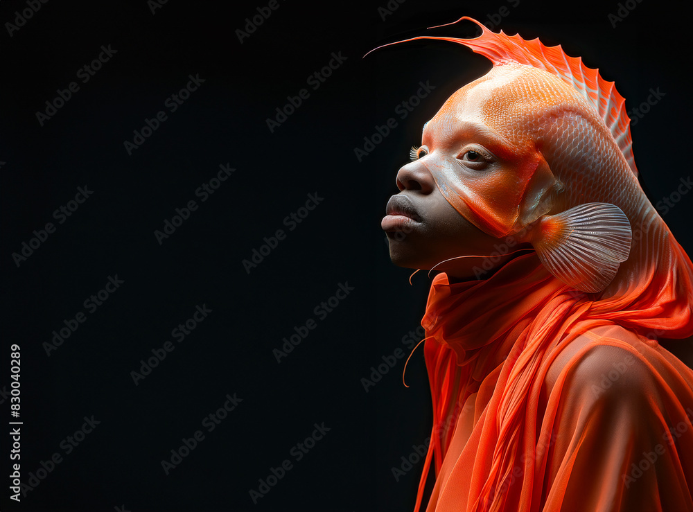 Surreal portrait of a young person with fish-like features, including ...