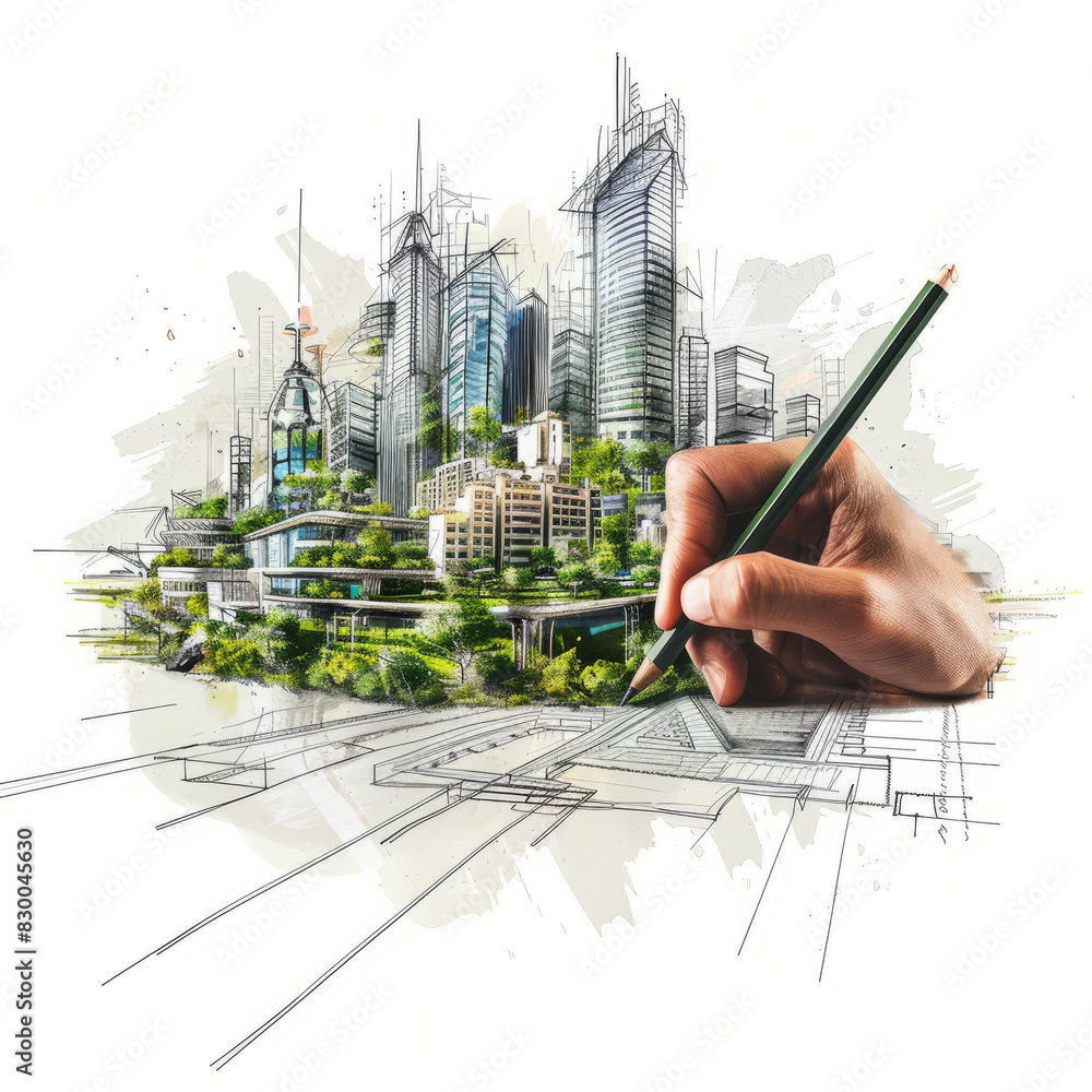 Architect drawing a futuristic city integrated with nature, white ...