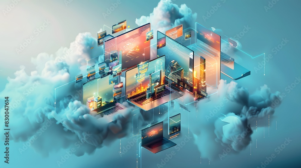 A computer screen is shown in a cloud of clouds. The image is a collage ...