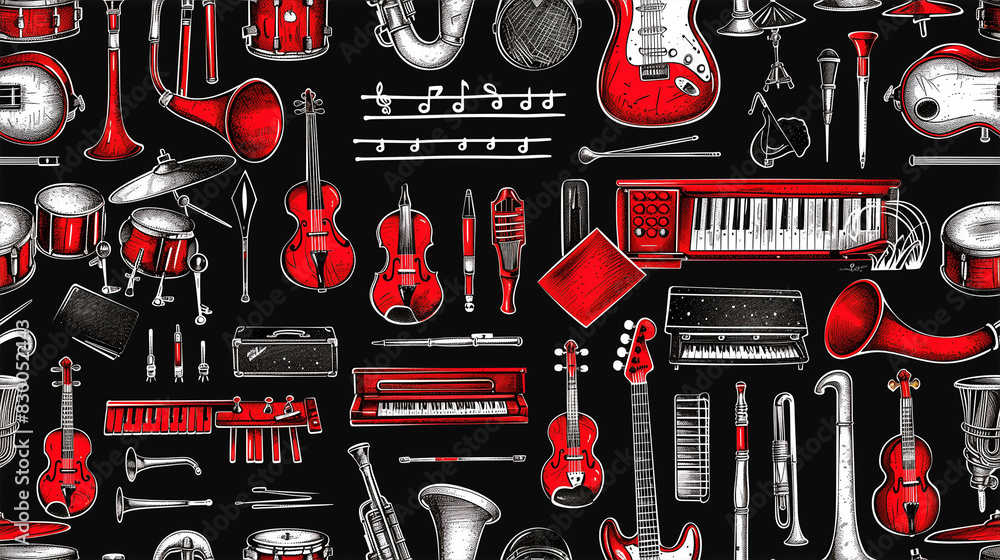 Seamless wallpaper musical instrument in vintage style. Retro vector ...