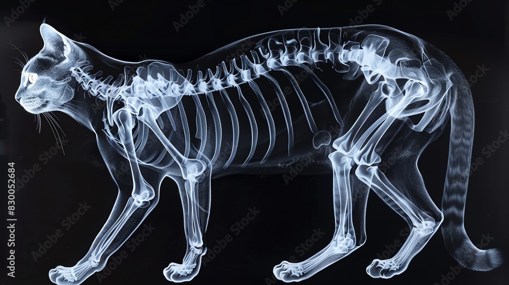 Xray image of a cats skeletal structure, displayed on a black ...