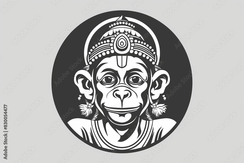 Logo monochrome Dieu singe hindou HANUMAN avec casque ornemental et ...