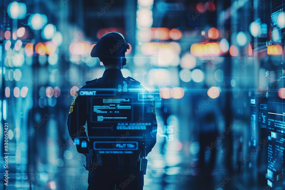 Futuristic Concept: Police officer with crime data analytics tools, in ...