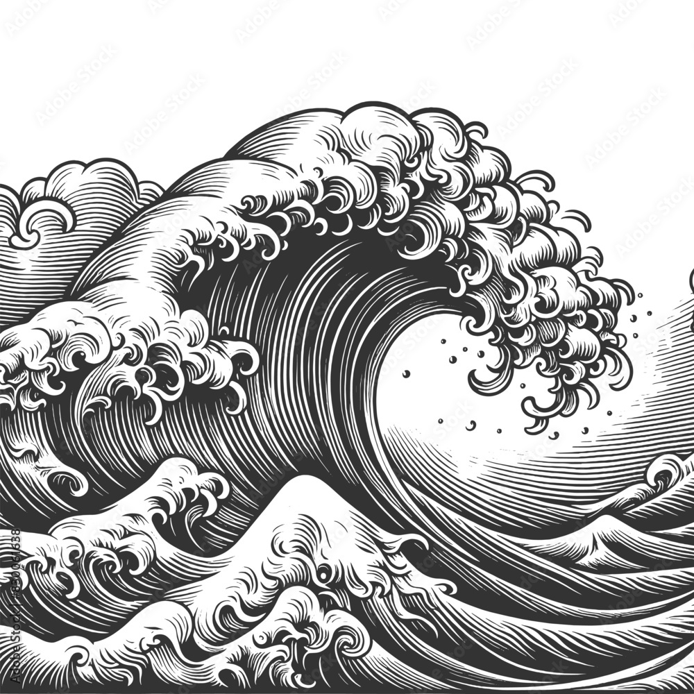 stylized ocean wave with ornate, swirling patterns, capturing the power ...