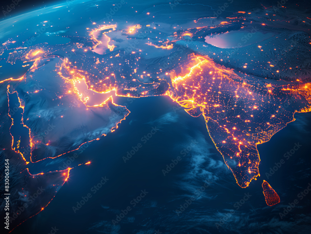 Satellite view of Earth globe from space, city lights by night, Middle ...