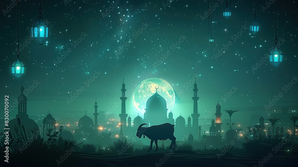 Beautiful green background for Eid ul azha with hanging blue light ...