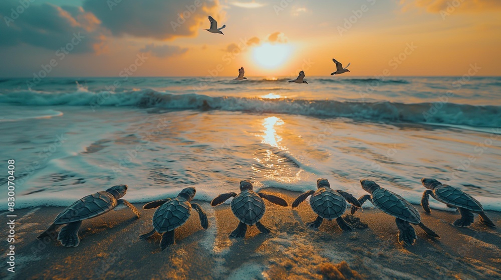 AI Image Generator of baby turtles on beach rushing to surf ocean ...