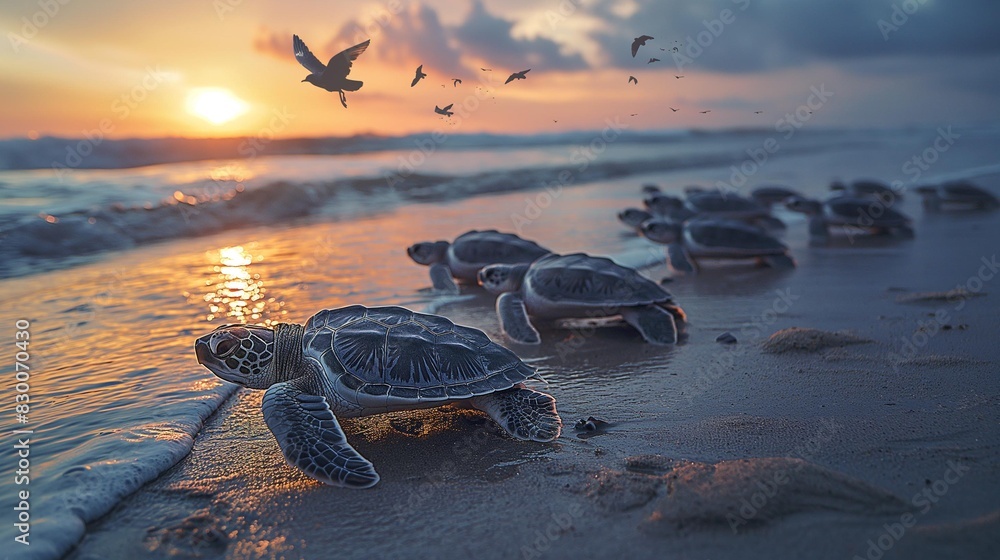 AI Image Generator of baby turtles on beach rushing to surf ocean ...