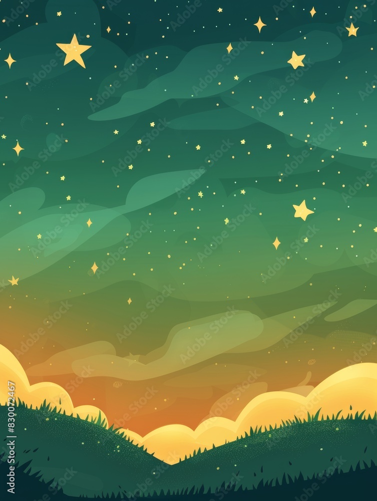 Starry sky, cartoon style, simple background, green and yellow color ...