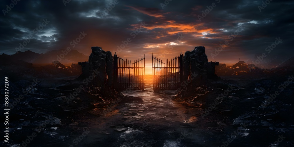 Rusted gates of hell in desolate landscape exude darkness from every ...