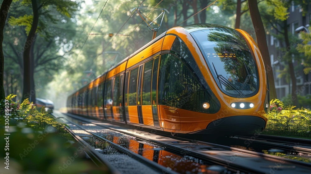 High-resolution render of solar-powered trams in a clean, vibrant city ...